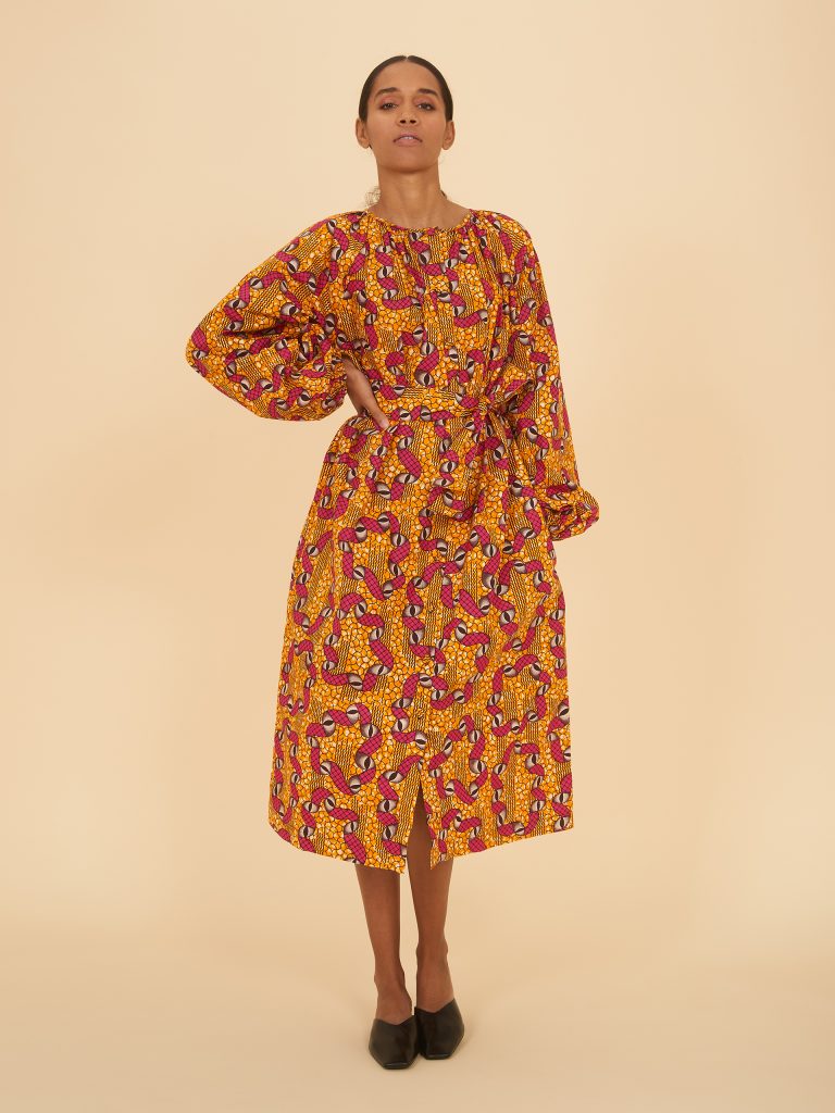 Dress with Buttons in Red and Yellow Pattern - Mrs. Jacobs